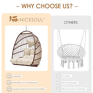 Nicesoul Outdoor Hanging Egg Chair Without Stand, Patio Wicker Swing Egg Basket Chairs with Padded Cushions, Ceiling Tree Swinging Egg-Shaped Chair No Stand for Indoor Bedroom Balcony Porch, Brown