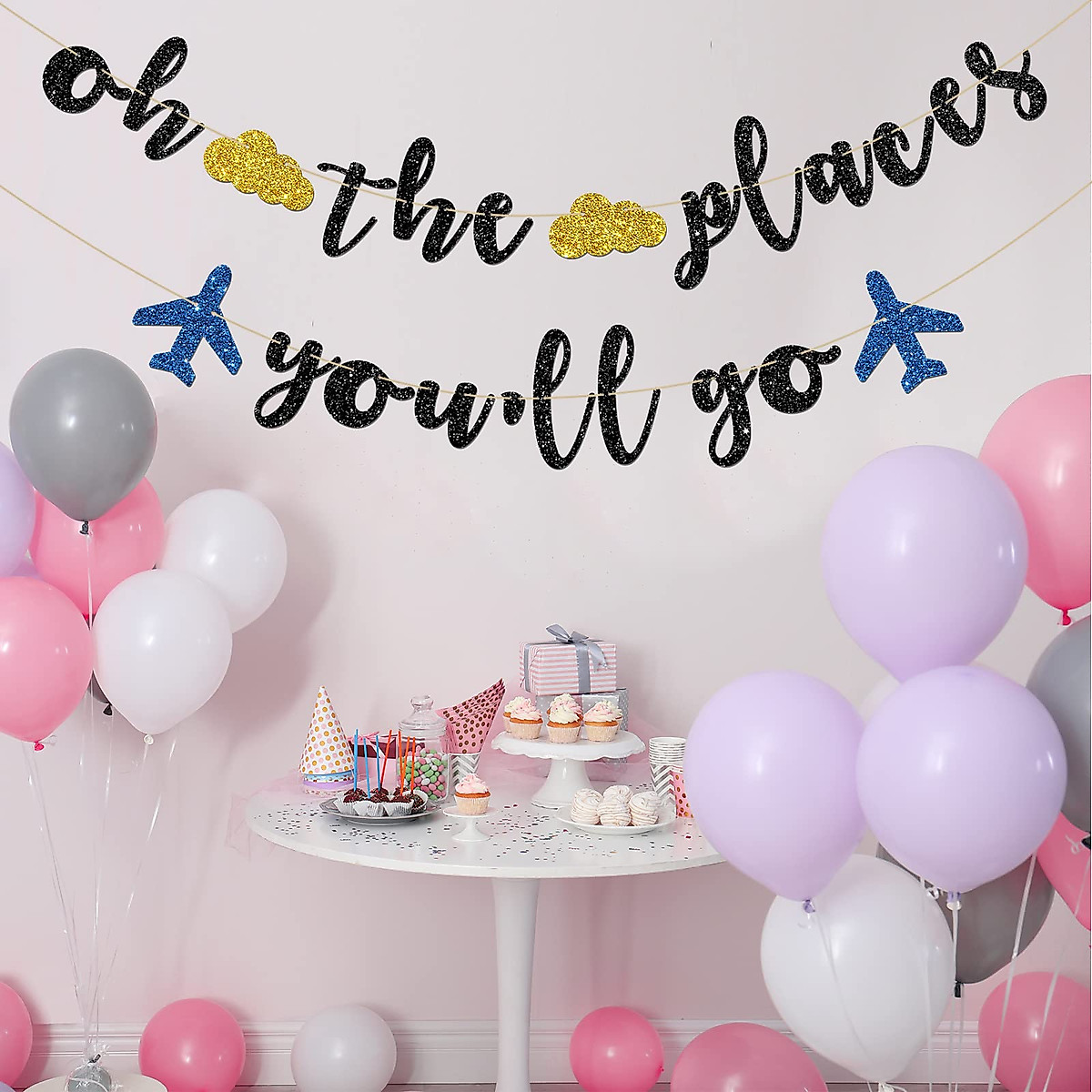 INNORU Oh The Places You'll Go Banner - Travel Theme Farewell Party Bunting Decor - Bon Voyage - Birthday Anniversary Graduation Baby Shower Party Decorations, Black Glitter