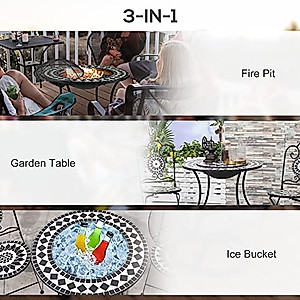 Outsunny 30" Outdoor Fire Pit & Ice Bucket & Side Table, Round Tile Tabletop, Steel Wood Burning Bowl, Spark Screen Lid for Patio, Backyard, Patio, Garden, Mosaic