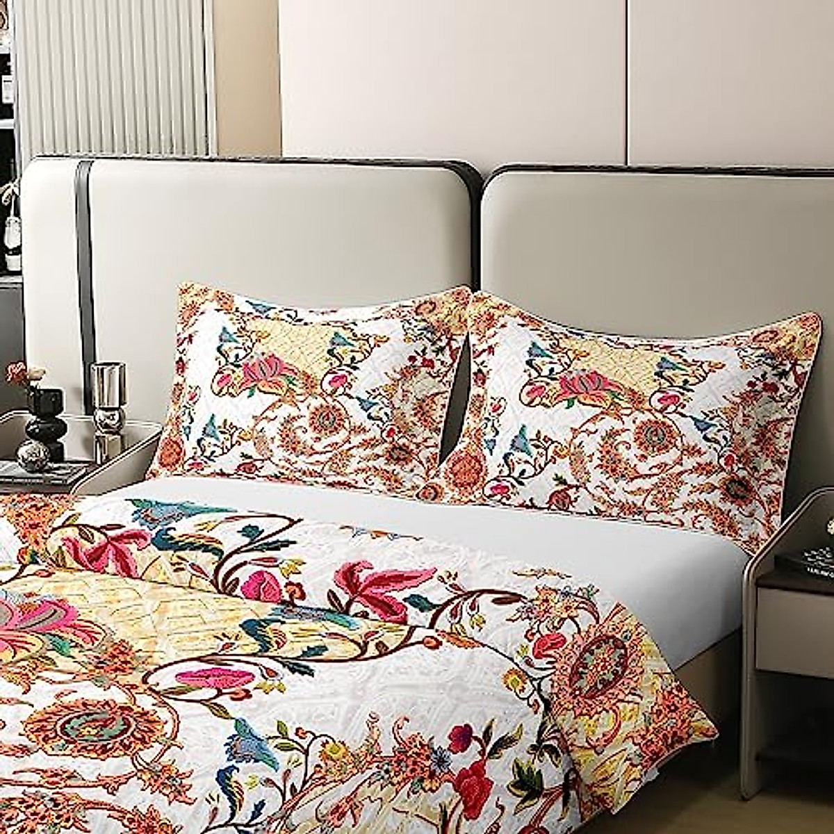 100% Cotton Exotic Floral Duvet Cover Full, Boho Bedding Set, Bohemian Floral Persian Exotic Tribal Comforter Cover, Abstract Gold Red Flowers Botanical Plant 3Pcs Quilt Cover for Girls