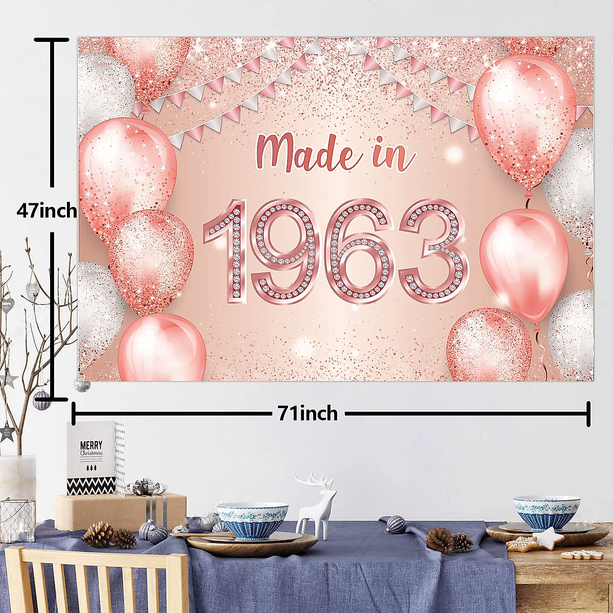Made in 1963 Rose Gold Happy 60th Birthday Banner Cheers to 60 Years Old Backdrop Balloon Confetti Theme Decor Decorations for Women Pink Birthday Party Supplies Bday Background Glitter