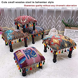 SoOSSN Small Foot Stool,Colorful Tassel Footrest for Couch,Beautiful Linen Fabric Footstool Kids Shoe Changing Stool (Color : A, Size : 14x14x12inch)