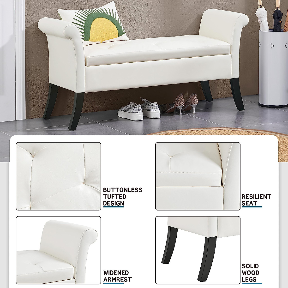 Yaheetech 52in Ottoman Bench Folding Storage Ottoman Bench Tufted Faux Leather Entryway Bench with Arms Footstool with Large Storage Foot Rest Seat Rolled Arms Cushioned Ottoman White