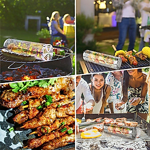 Vilopin Rolling Grilling Baskets for Outdoor Grill BBQ,Net Tube,Stainless Steel Large Round Mesh Rotation Barbecue Cylinder Cage Cooking Accessories for Veggies Fish Meat Food Camping Family Picnic