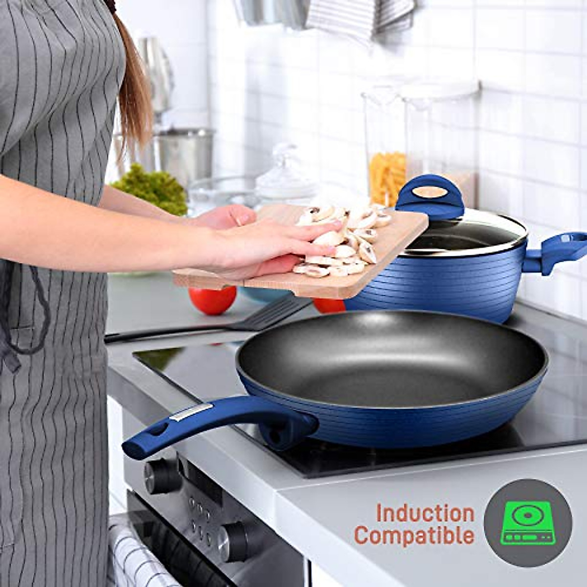 NutriChef 12-Pc Blue Nonstick Cookware Set - Professional Pots & Pans with Durable Coating, All Cooktops Compatible, Including Induction