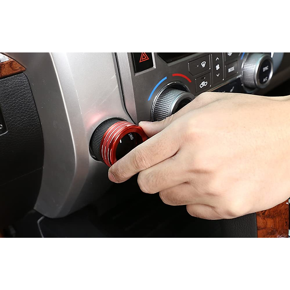 iJDMTOY 5pc-Set Red Aluminum Air Conditioner Stereo Volume/Tune 2WD/4WD Switch Turner Ring Covers Compatible with 2017-2021 Toyota Tundra w/ 2-AC Center Console
