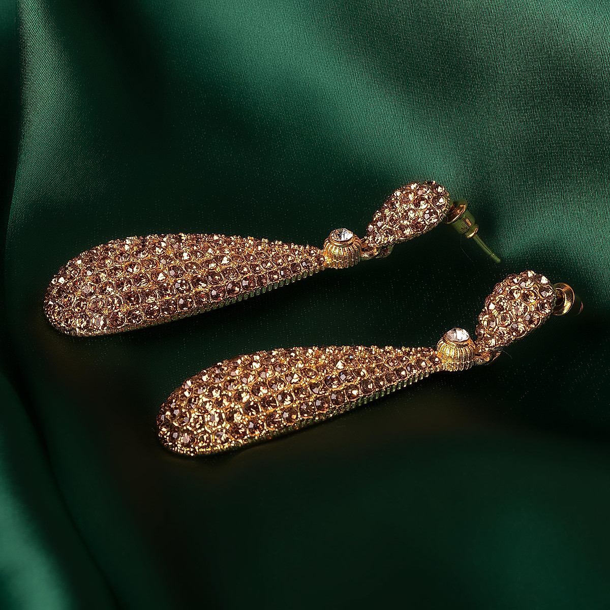 Moonstruck Costume Jewelry Chandelier Champagne Diamond Studded Golden Gold Drop and Dangle Earrings for Women