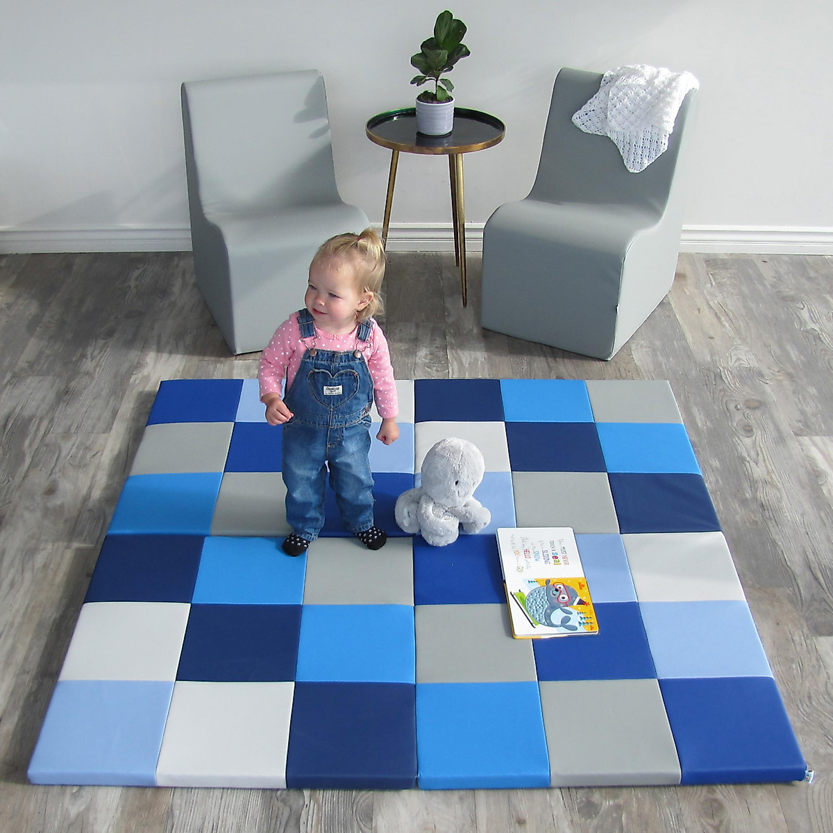 FDP Softscape Space Saver 4-Section Folding Activity Mat for Infants and Toddlers, Tummy Time for Babies, Soft Foam Colorful Play - Navy/Powder Blue