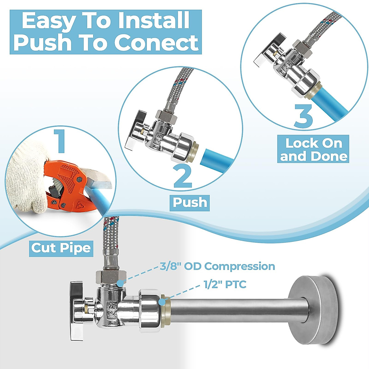 10PCS Angle Stop Valve, 1/2 x 3/8 Inch Compression Angle Water Shut Off Valve, Toilet Faucet Valve, Pushfit 1/4 Turn, No Lead Brass Push to Connect Plumbing Fitting for Copper, CPVC, PE-RT, PEX Pipe