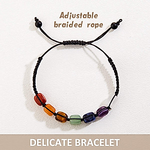 Hicarer 2 Pcs 7 Chakra Reiki Healing Crystal Stretch Bracelets Natural Gemstone Relief Yoga Bracelets Braided Rope Bracelets Healing Bead Bracelets Anxiety Bracelet for Women(Rectangle Beads)