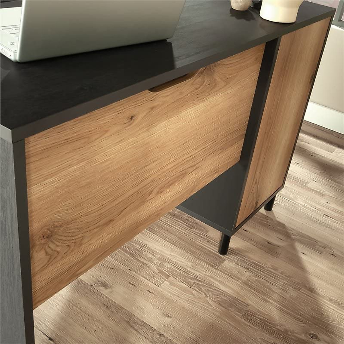 Sauder Acadia Way Single Pedestal Desk in Raven Oak with Timber Oak Accents