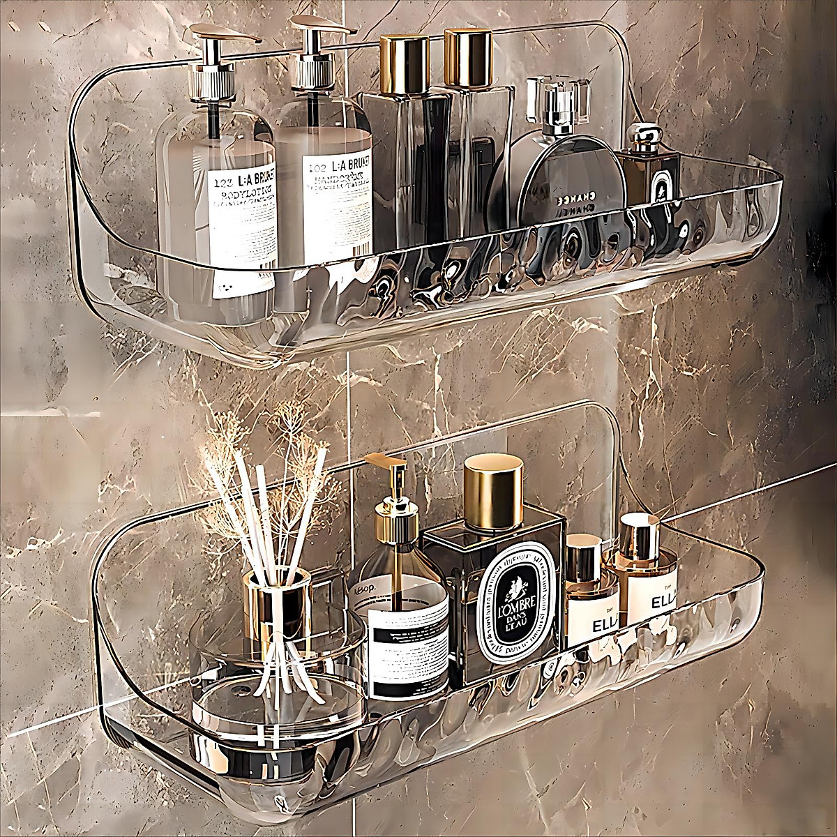 Boltra Clear Shower Caddy Shelves, 2-Pcs Acrylic Wall Mounted Shelf Bathroom Organizers and Container Without Drilling Plastic Shelf for Bathroom, Kitchen