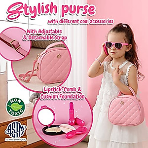 Peertoys Kids Makeup Kit Girls Purse - Cute Pretend Cosmetics Mini Bag Toy Cell Phone Wallet Money Credit Card Accessories Kit Gifts Baby Girl Princess Toddler Ages 3,4,5,6,7,8,9,10,11,12 Years Old