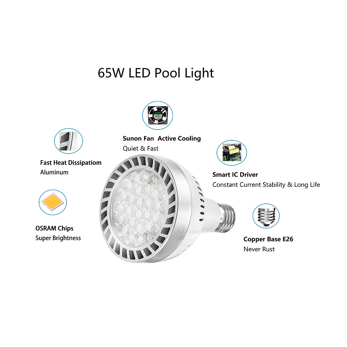 Broadroad LED Pool Light Bulb 120V 65W Daylight White 6000K Swimming Pool 6000LM Pool Light Bulb Replacement for Most Pentair Hayward Light Fixtures (Pool 65W)