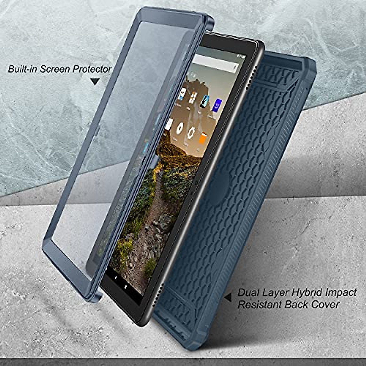 Fintie Case for All-New Amazon Fire HD 10 & Fire HD 10 Plus (11th Generation, 2021 Release) - [Tuatara Rotating] Multi-Functional Grip Carry Stand Cover w/Built-in Screen Protector, Navy