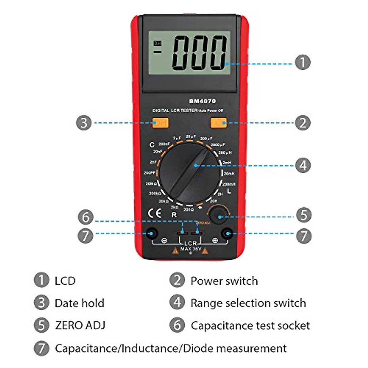 CAMWAY LCR Meter LCD Capacitance Inductance Resistance Tester Measuring Meter Self-Discharge pF nF μF with Overrange Display