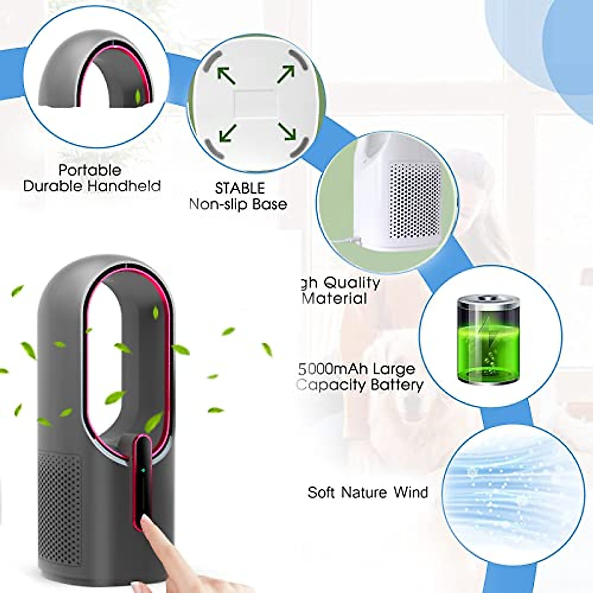 Misby Desk Fan, Rechargeable Battery Powered or USB-Powered Bladeless Fan,11.8 Inch Portable Fan, 3 Speeds Table Fan, Touch Control, Grey Low Power Cooling Fans for Bedroom, Home, Office