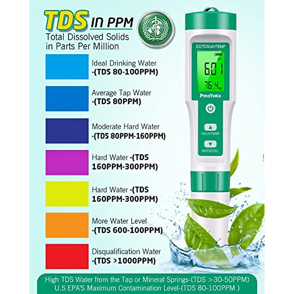 4 in 1 Digital pH Meter for Water, ±0.01 Resolution High Accuracy Tds Meter Digital Water Tester with ATC pH Tester, Water Tester for Drinking Water, Brewing, Hydroponics, Wine, Pool and Aquarium