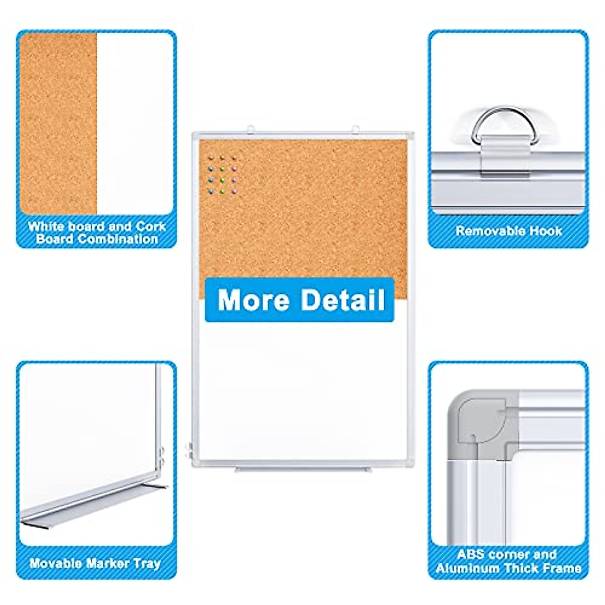 Magnetic White Board and Bulletin Cork Board Combination, 36 x 24 Inch Dry Erase Board Bulletin Combo Board, Hanging Wall Mounted Message Board Corkboard for Home, School, Office