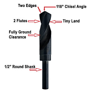 MAXTOOL 49/64" Silver and Deming Drill Bits HSS M2 S & D Drill Bits Prentice Twist Drills Black Oxide 1/2" Reduced Shank 6" OAL; SD02B00R049