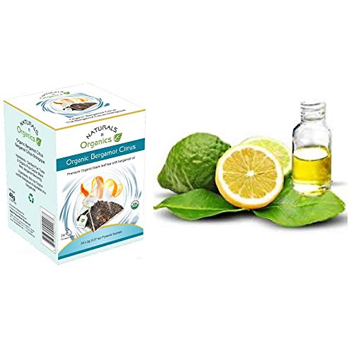 Naturals-n-Organics Organic Bergamot Citrus Earl Grey Tea with Natural Italian Bergamot Oil for Autophagy and Detox, 24 Bio-degradable Pyramid Tea Bags
