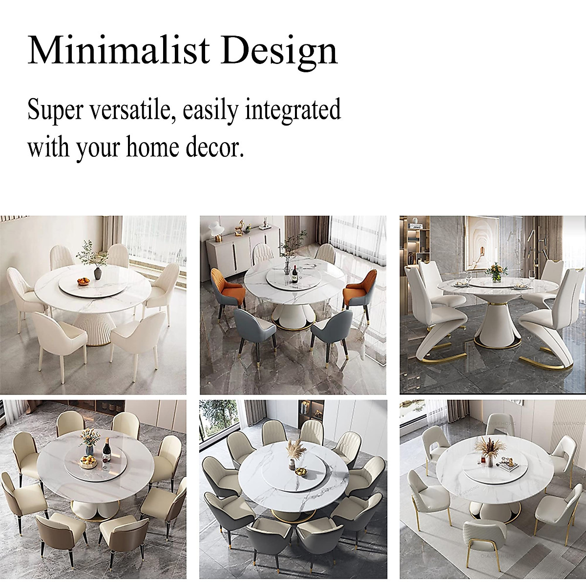 Runboll 59" Sintered Stone Round Dining Table with Detachable Lazy Susan Modern Dinner Table with 31.5" Round Turntable, PU Leather and Metal Pedestal(Not Included Chairs)