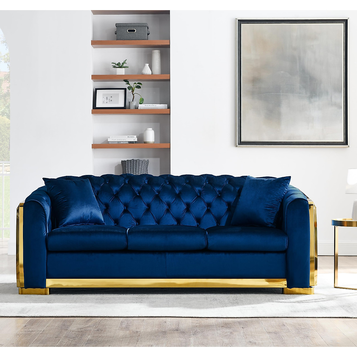 JUSTONE 81.1'' Black Velvet Chesterfield Sofa Couch for Living Room,Luxury Tufted 3 Seat Couch with Gold Stainless for Apartment Office,Navy Blue