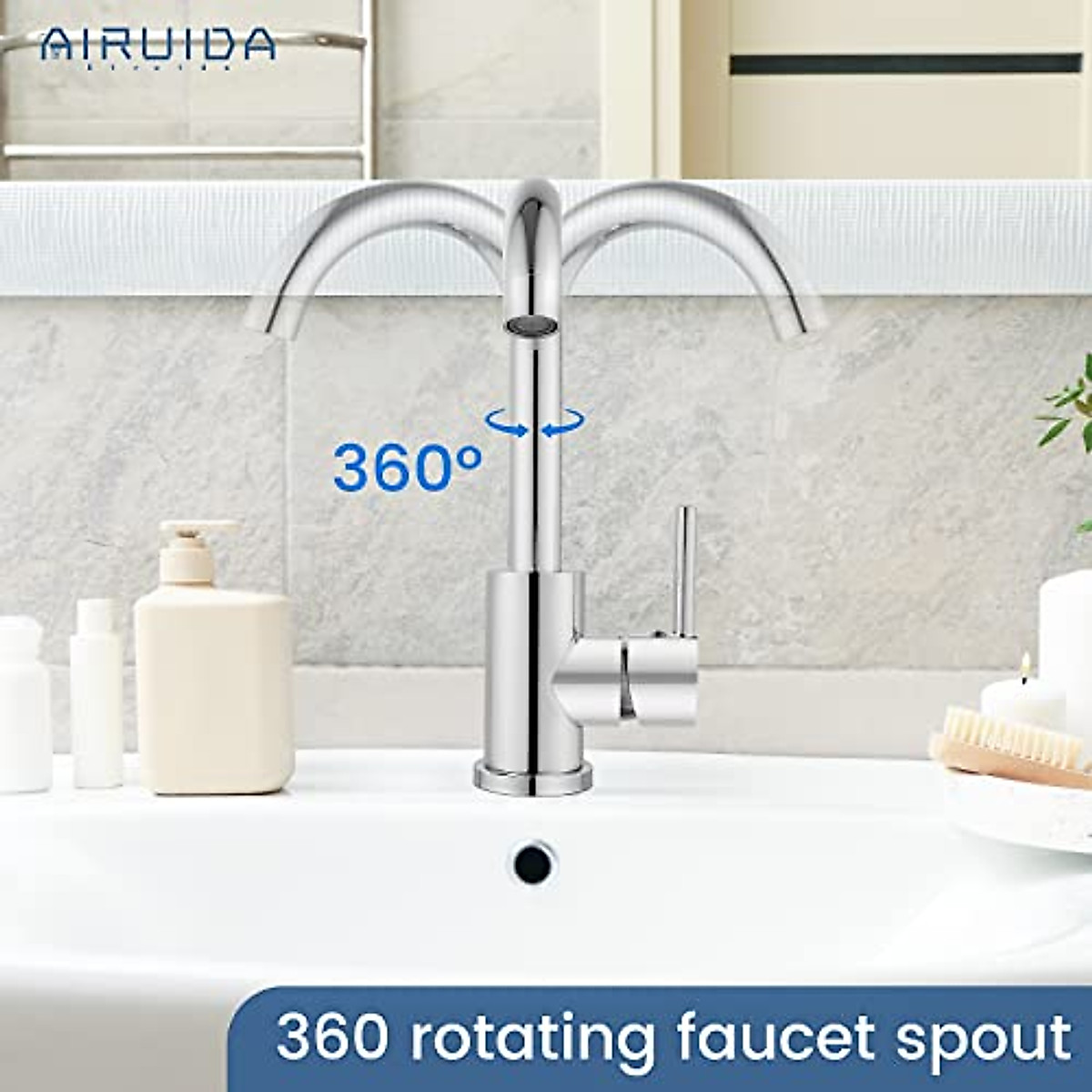 Airuida Chrome Polish Wet Bar Sink Faucet Single Handle Farmhouse Kitchen Small RV Bathroom Faucet Deck Mount Vanity Lavatory Mixer Tap One Hole 360 Degree Swivel Spout with Supply Hoses