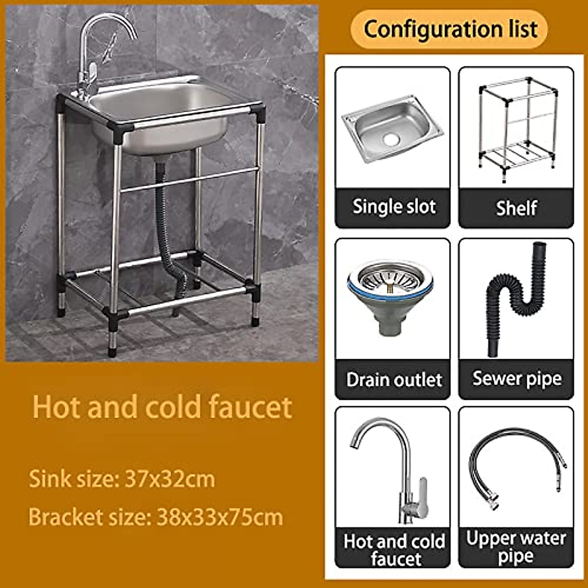 Single Bowl Stainless Steel 304 Sink,Single Bowl Kitchen Sinks,Commercial Restaurant Kitchen Bar Sink,Free Standing Utility Sink with Stand,for Laundry Garage Indoor Outdoor ( Color : Hot and cold fau