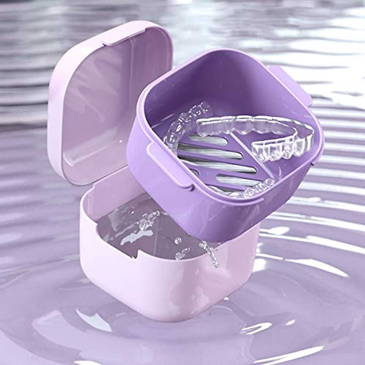 Denture Cup Bath，Portable Denture Case with Strainer Basket，braces False Teeth Storage Box Holder，Retainer case Cleaning，Soak Cup，With braces chewable tablets and Extractor（purple）…