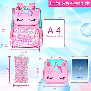 KLFVB 3PCS Girls Backpack , 15" Sequin Unicorn Bookbag with Lunch Box, Kids Preschool School bag for Elementary Students - Pink