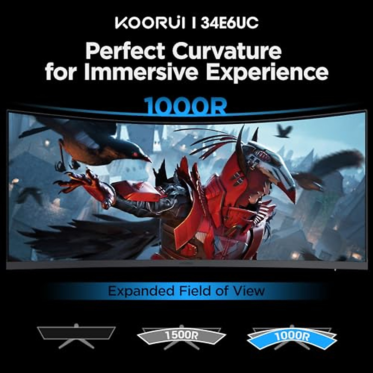 KOORUI 34-inch Ultrawide Curved WQHD 3440×1440 Gaming Monitor, 165Hz 144Hz Curved 1000R- PIP/PBP, 1ms with DisplayHDR 400, DCI-P3 90% Color Gamut, FreeSync Premium, HDMI/DisplayPort, 34E6UC