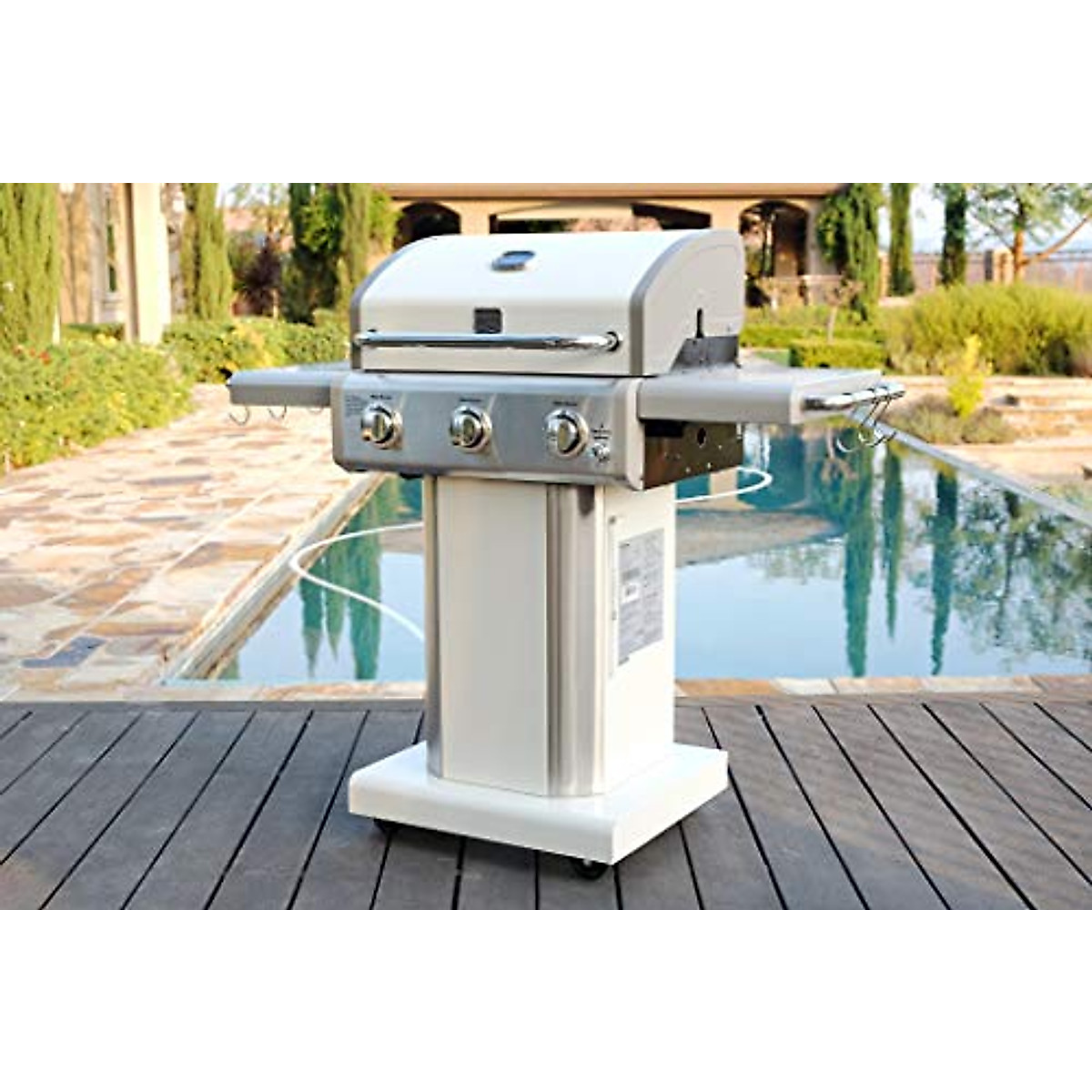 Kenmore 3-Burner Outdoor BBQ Grill | Liquid Propane Barbecue Gas Grill with Folding Sides, PG-A4030400LD-PE, Pedestal Grill with Wheels, 30000 BTU, Pearl White