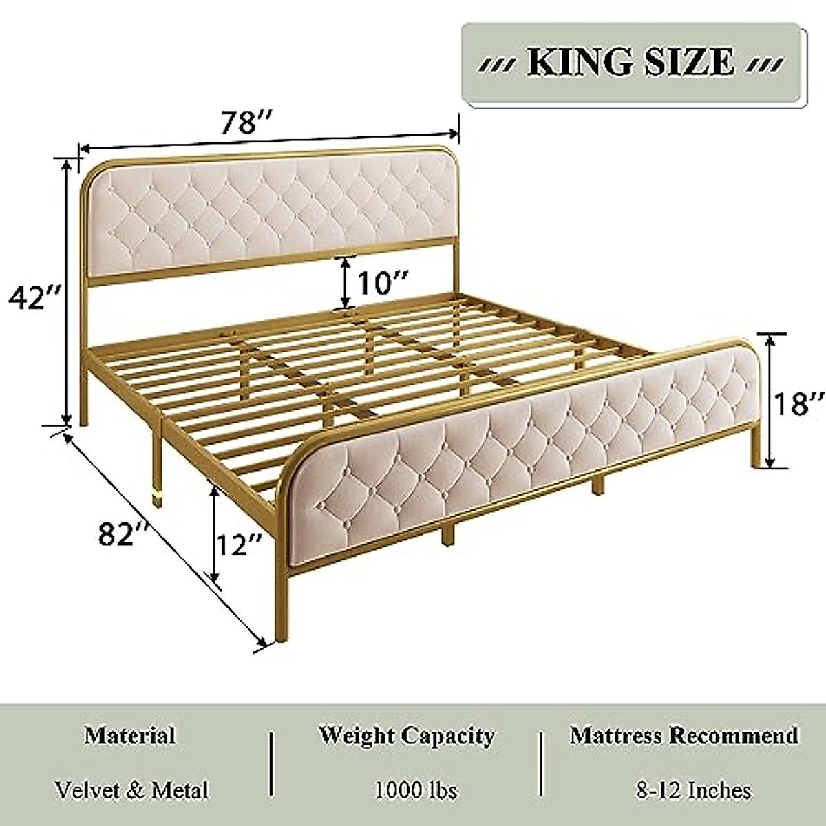 Feonase King Size Bed Frame, Upholstered Bed Frame with Diamond Tufted Headboard, Heavy Duty Metal Slats, 12" Storage Space, No Box Spring Needed, Easy Assembly, Gold