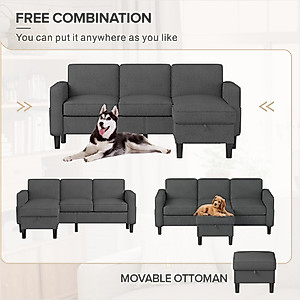 Youmumeub Convertible Sectional Sofa, L-Shape Linen Fabric Sofa Couch with Storage Ottoman, 3-Seats Sofa for Small Living Room and Apartment, Dark Grey