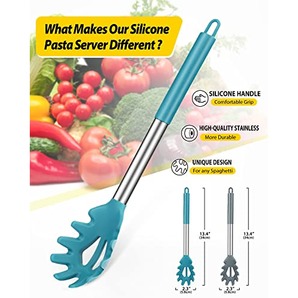 Pack of 2 Silicone Pasta Fork, Kitchen Heat Resistant Noodle Spoon Server, BPA Free Spaghetti Strainer,Best Cooking Tools (Gray-Blue)