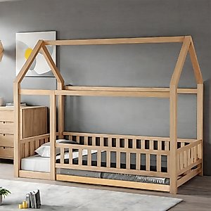 UOCFYK Twin Size Floor Bed, Wood Montessori House Bed Frame with Fence, House Floor Bed for Kids, Boys and Girls, Decoratable Playhouse for Kids, Natural