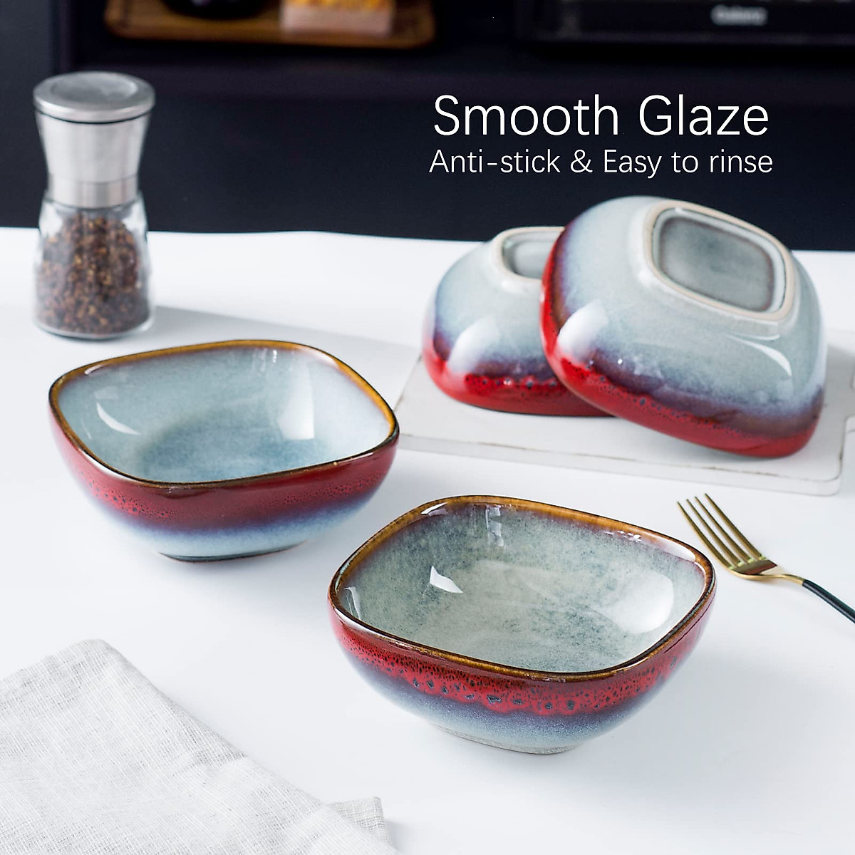 HENXFEN LEAD Ceramic Cereal Bowls, Square Serving Bowls 22 Oz for Side Dish, Appetizers, Salad - Oatmeal, Soup, Fruit Bowls Microwave Oven Safe, Set of 4 - Reactive Red