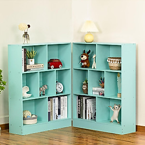 LEYAOYAO 7 Cube Bookshelf with Base,3 Tier Modern Mint-Green Kids Bookcase,Standing Wide Bookshelves Storage Organizer Toy Shelf,Wood Display Children's Book Shelves for Bedroom,Living Room,Nursery