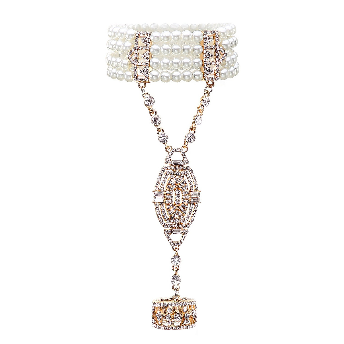 Metme 1920s Flapper Bracelet Ring Set Gatsby Accessories Imitation Pearl Crystal Bracelet Adjustable Ring