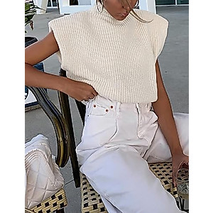 Hooever Women's Turtleneck Sleeveless Knitted Tank Tops Shoulder Pads Sweater Vest(White-S)