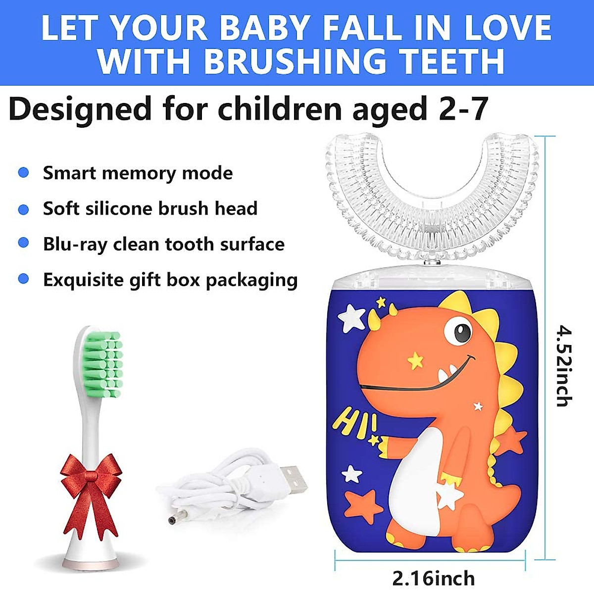Kids Electric Toothbrush U Shape Dinosaur Ultrasonic Automatic Toothbrush with Replacement Soft Bristles Heads Six Modes 360°Oral Cleaning IPX7 Waterproof Smart Rechargeable Toothbrush (3. Orange)