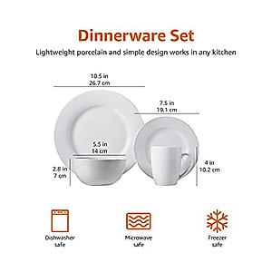 Amazon Basics 16-Piece Porcelain Kitchen Dinnerware Set with Plates, Bowls and Mugs, Service for 4 - White