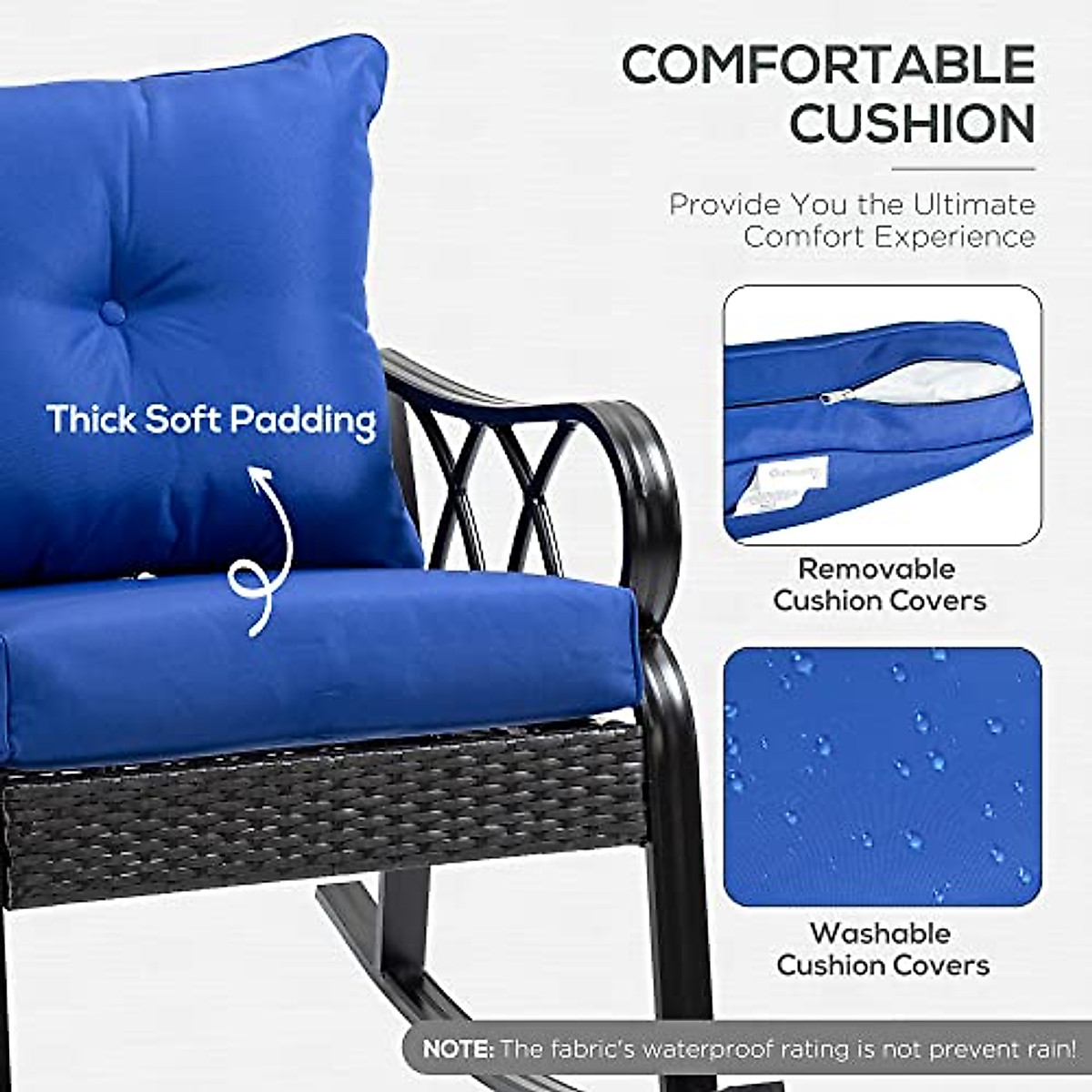 Outsunny Outdoor Wicker Rocking Chair with Padded Cushions, Aluminum Furniture Rattan Porch Rocker Chair w/Armrest for Garden, Patio, and Backyard, Blue
