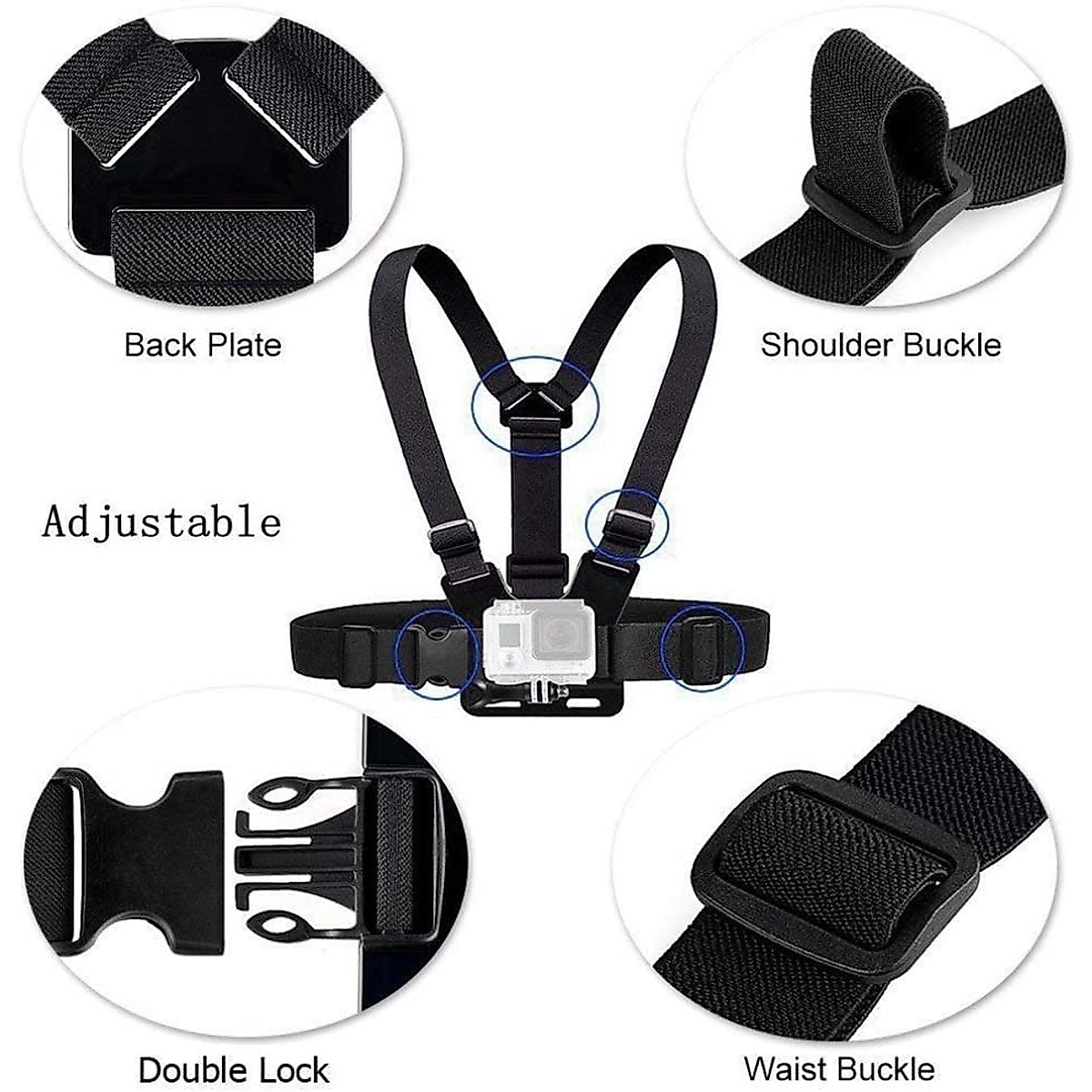Adjustable Chest Mount Harness Chest Strap Belt for GoPro Hero10, Hero 9, Hero 8, Hero 7 Black, 7 Silver, 7 White, Hero 6, 5, 4, Session, 3+, 3, 2, 1, Hero (2018), 360 Degree Rotate Adapter Holder