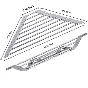 Fafcitvz Triangle Dish Drying Rack Multipurpose Roll-up Drying Rack for Sink Corner Stainless Steel Over The Sink Corner Dish Drainer Mat for Kitchen (Grey)
