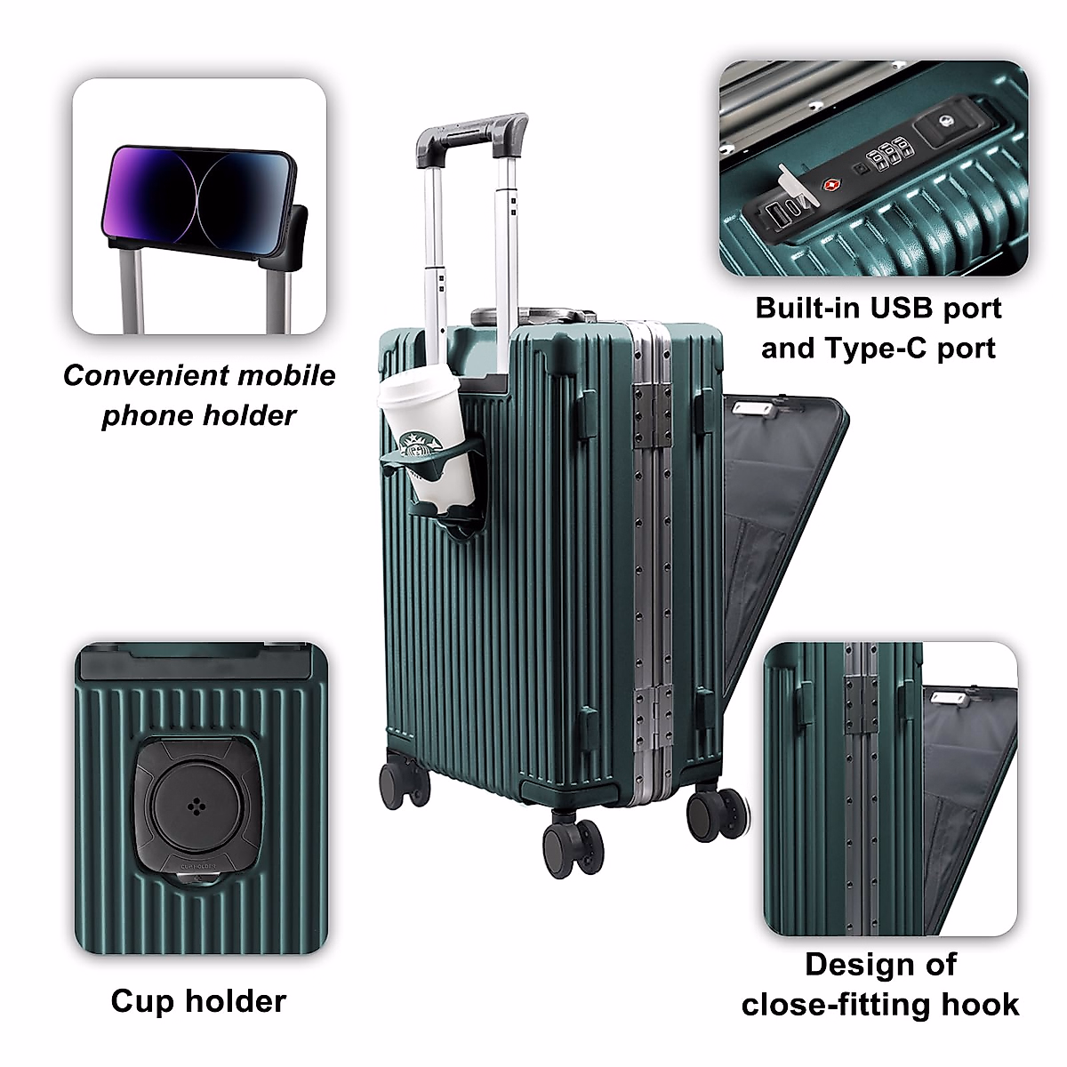 DwanNuts Carry On Luggage with Cup Holder and Usb Port, Aluminum Frame, Front Compartment, TSA Lock, 22x14x9 Airline Approved Hardside Suitcase with Spinner Wheels(Dark Green, 20-lnch)