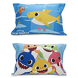 Baby Shark 4 Piece Toddler Bedding Set - Includes Quilted Comforter, Fitted Sheet, Top Sheet, and Pillow Case, Blue