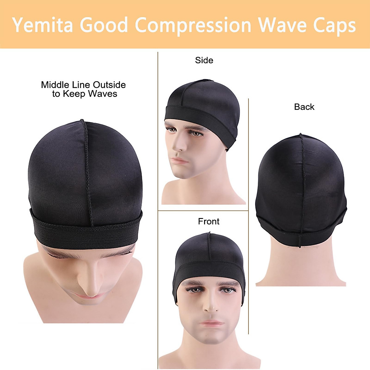 Yemita Wave Cap, Silky Stocking Wave Cap for Men, Silk Durag Good Compression Cap for Waves 3Pcs Black