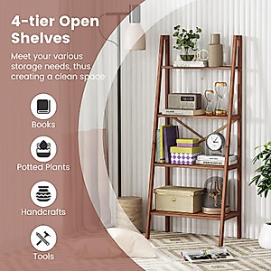 Giantex 4-Tier Bamboo Bookshelf, Indoor Free Standing Plant Stand Display Rack w/Anti-Tipping Device, Corner Bamboo Ladder Shelf for Small Space, Living Room, Kitchen, Bedroom, Office, Walnut